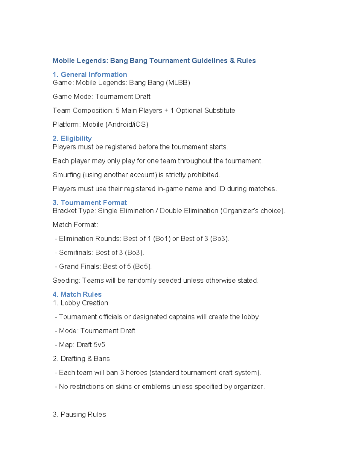 MLBB Tournament Guidelines: Rules & Format Overview - Studocu