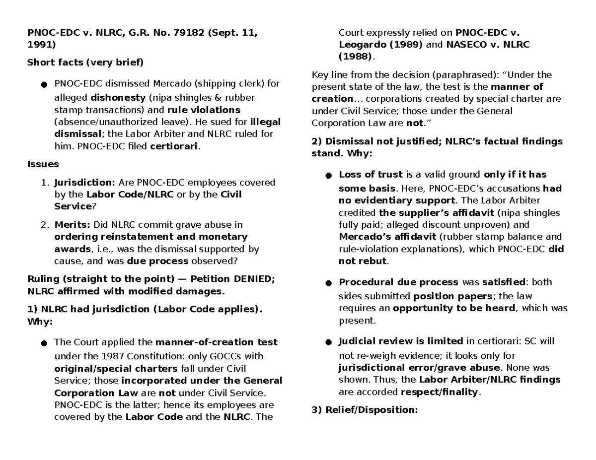 PNOC-EDC v. NLRC, G.R. No. 79182 (Sept. 11, 1991) Case Summary - Studocu
