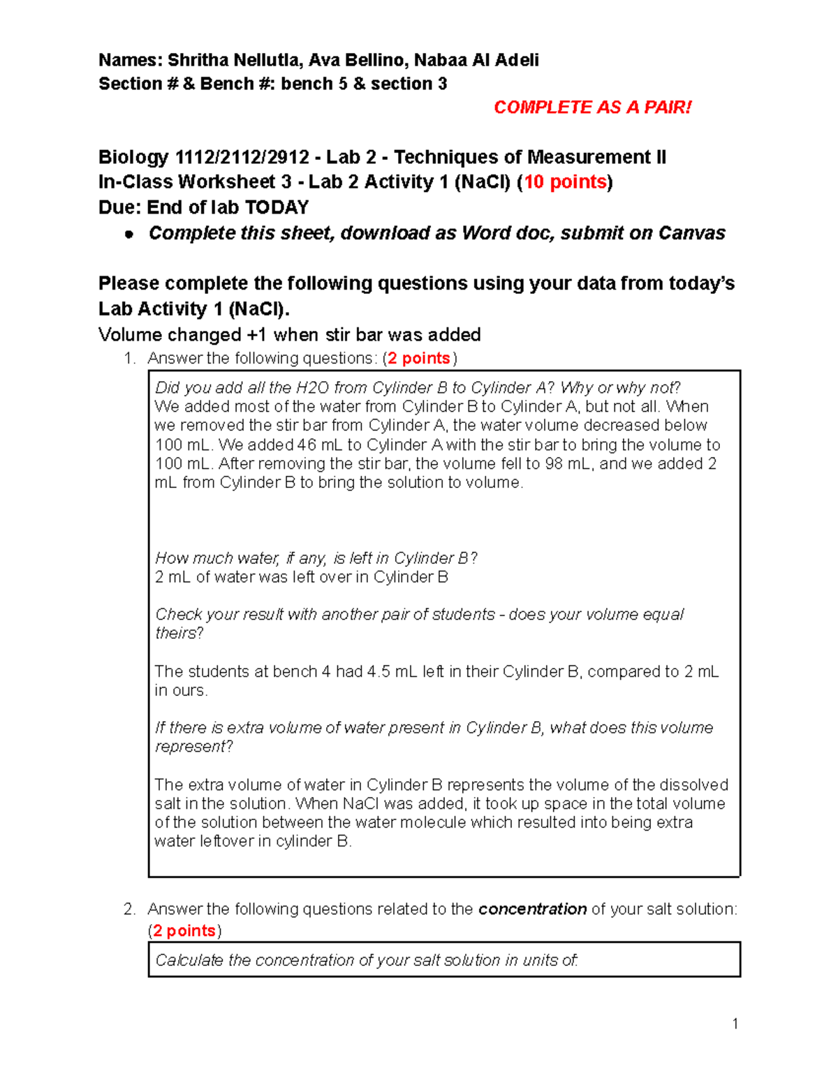 Biology Lab 2 Worksheet 3: Techniques of Measurement II - Studocu