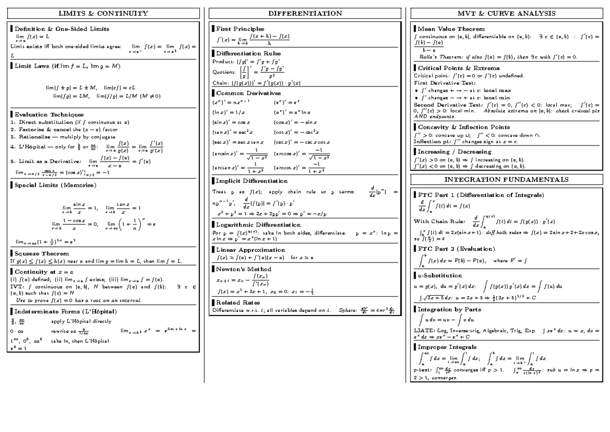 MA1521 Quiz 2: Limits, Continuity, and Differentiation Concepts - Studocu