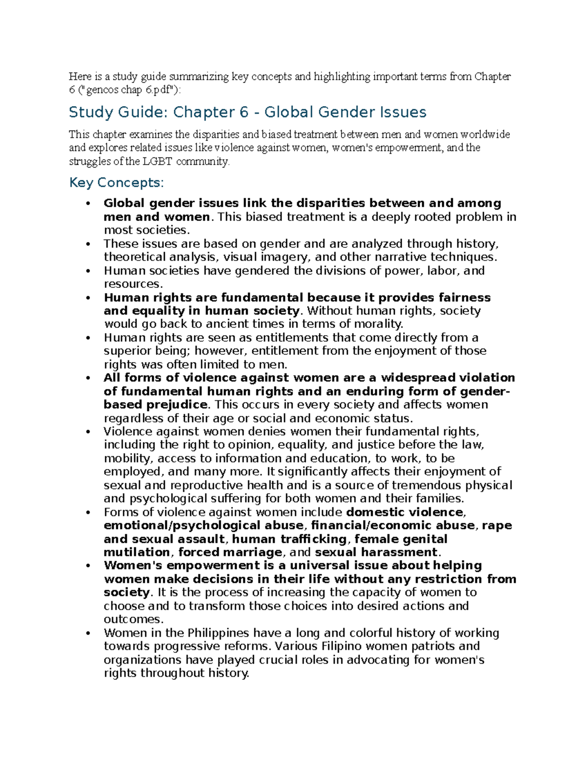 Gensoc - Study Guide: Chapter 6 Global Gender Issues and Key Concepts ...