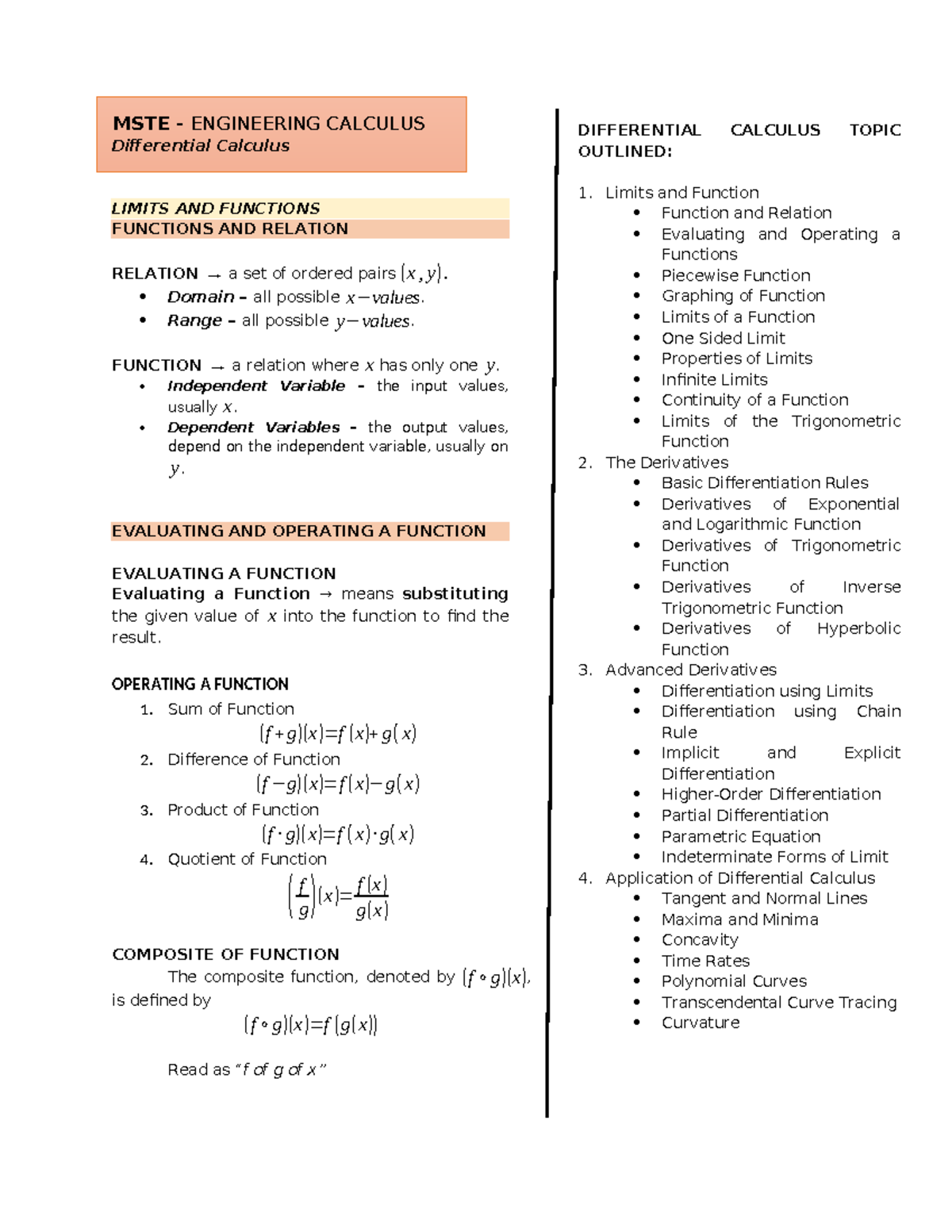MSTE ENGINEERING CALCULUS: Differential Calculus Overview - Studocu