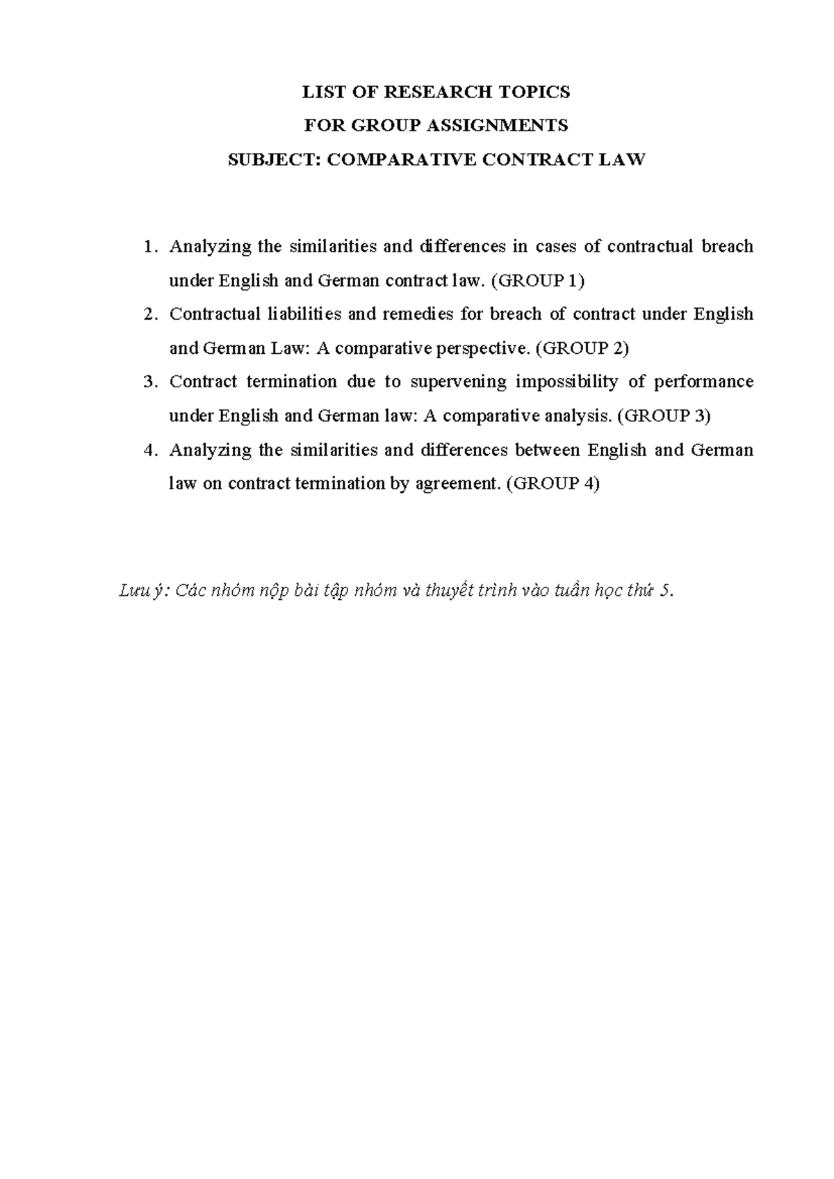 Comparative Contract Law Group Assignment Topics 2026 - Studocu