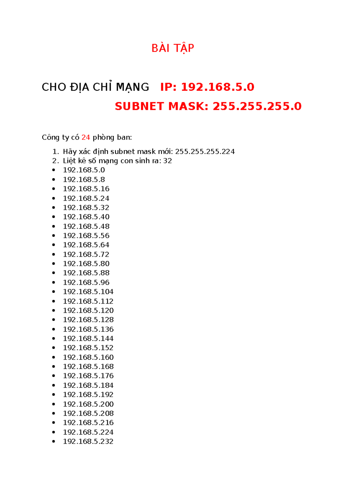 BÀI TẬP ĐỊA CHỈ MẠNG IP VÀ SUBNET MASK CHO CÔNG TY 24 PHÒNG - Studocu