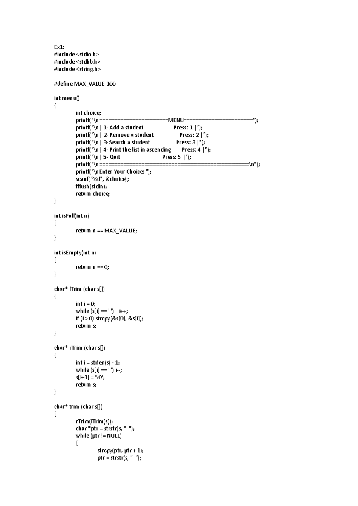 Workshop 7 - jhvmbnkj,bj - Ex1: #include #include #include #define MAX_VALUE 100 int menu ...