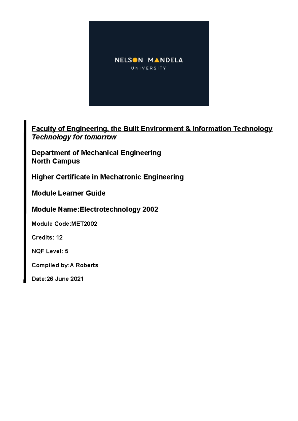 HCert Mechatronic Engineering Learner Guide: Electrotechnology 2002 ...