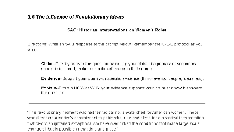 3.6 SAQ: Revolutionary Ideals & Women's Roles in US History - Studocu