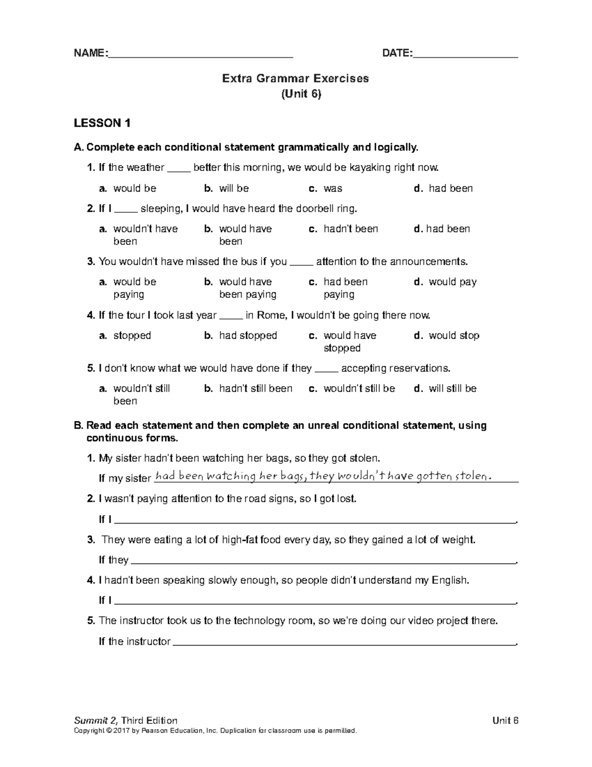 Su2 U06 Extra Grammar Exercises - Conditional Statements Lesson - Studocu