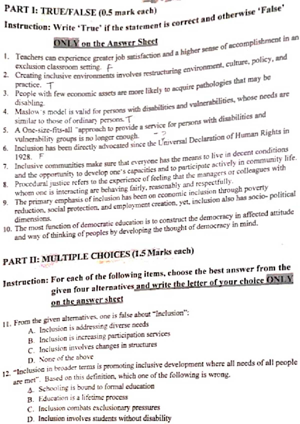 @Aconcise Inclusiveness Final Exam Aastu 2013 EC - PART (0 mark each ...