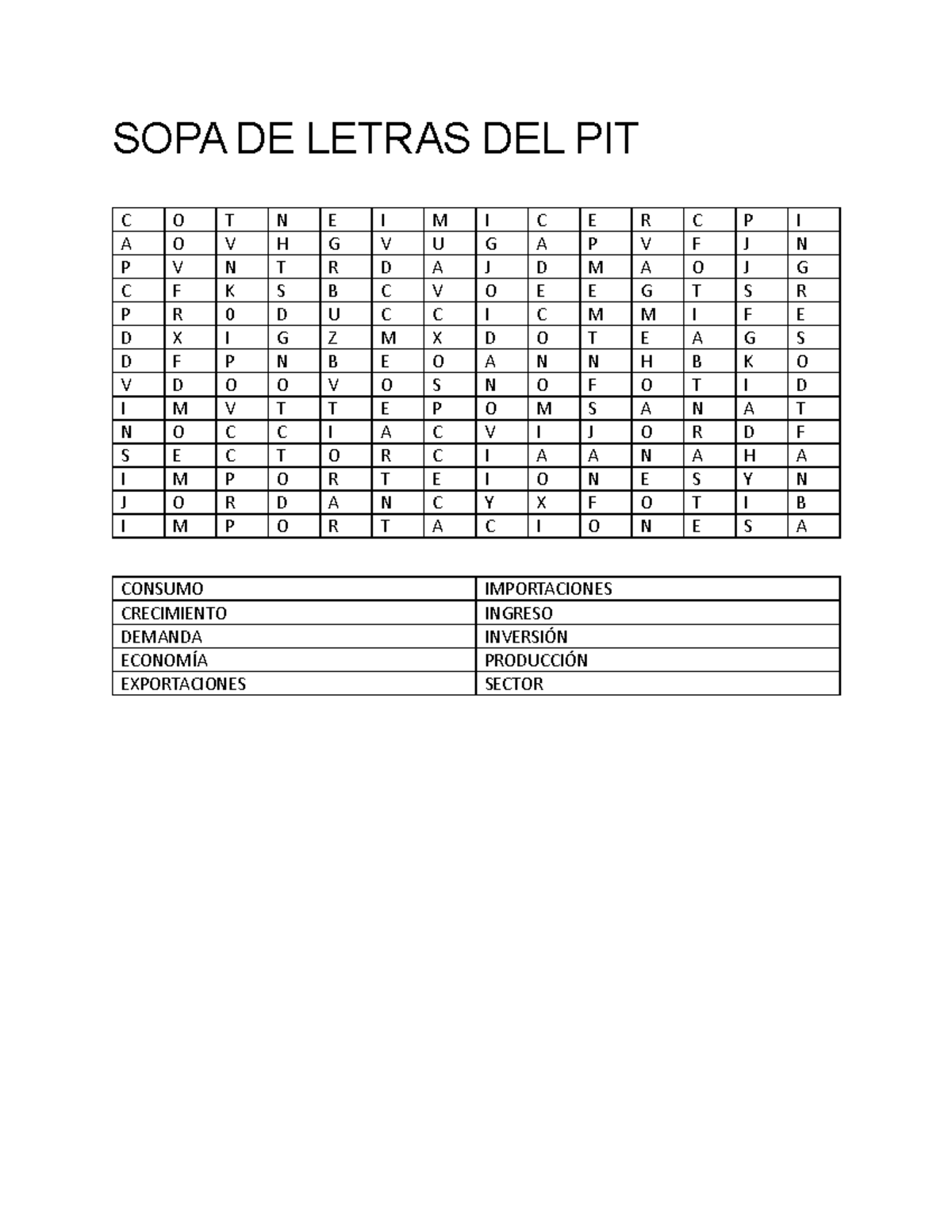 SOPA DE LETRAS DEL PIT - Economía y Crecimiento - Studocu