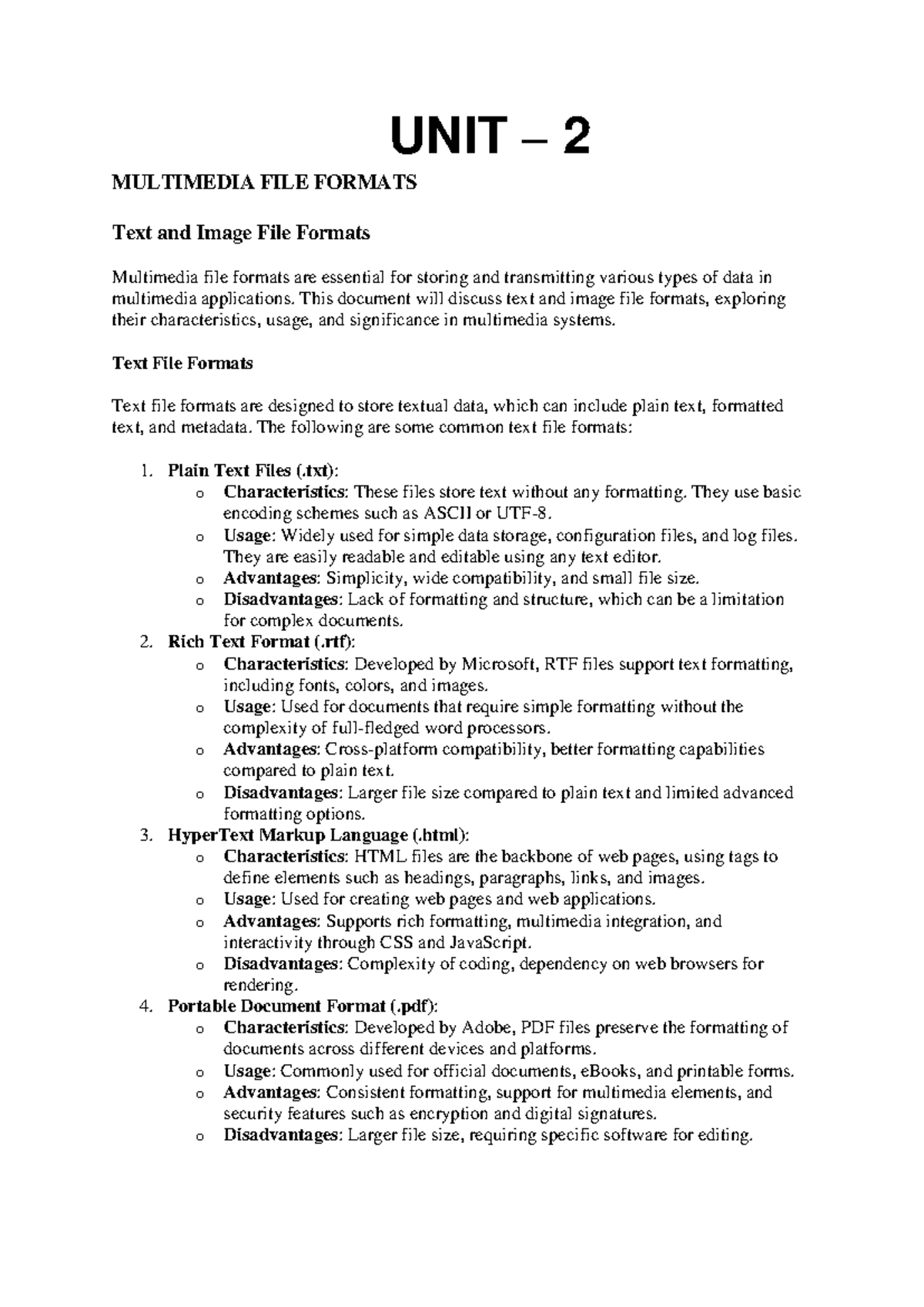 Unit 2 Multimedia File Formats: Text, Image, and Video Standards - Studocu