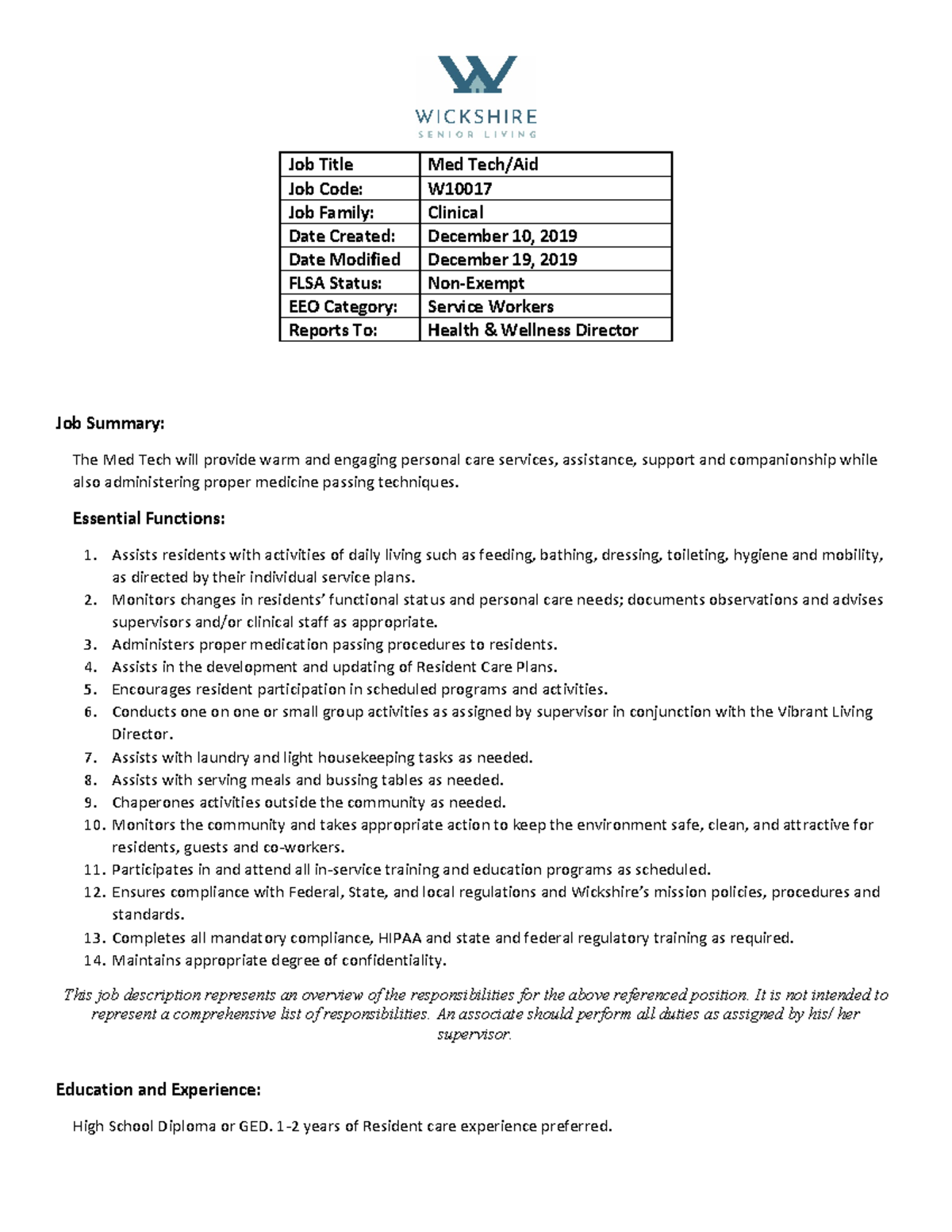 Med W10017 Clinical: Med Tech Job Description and Responsibilities ...