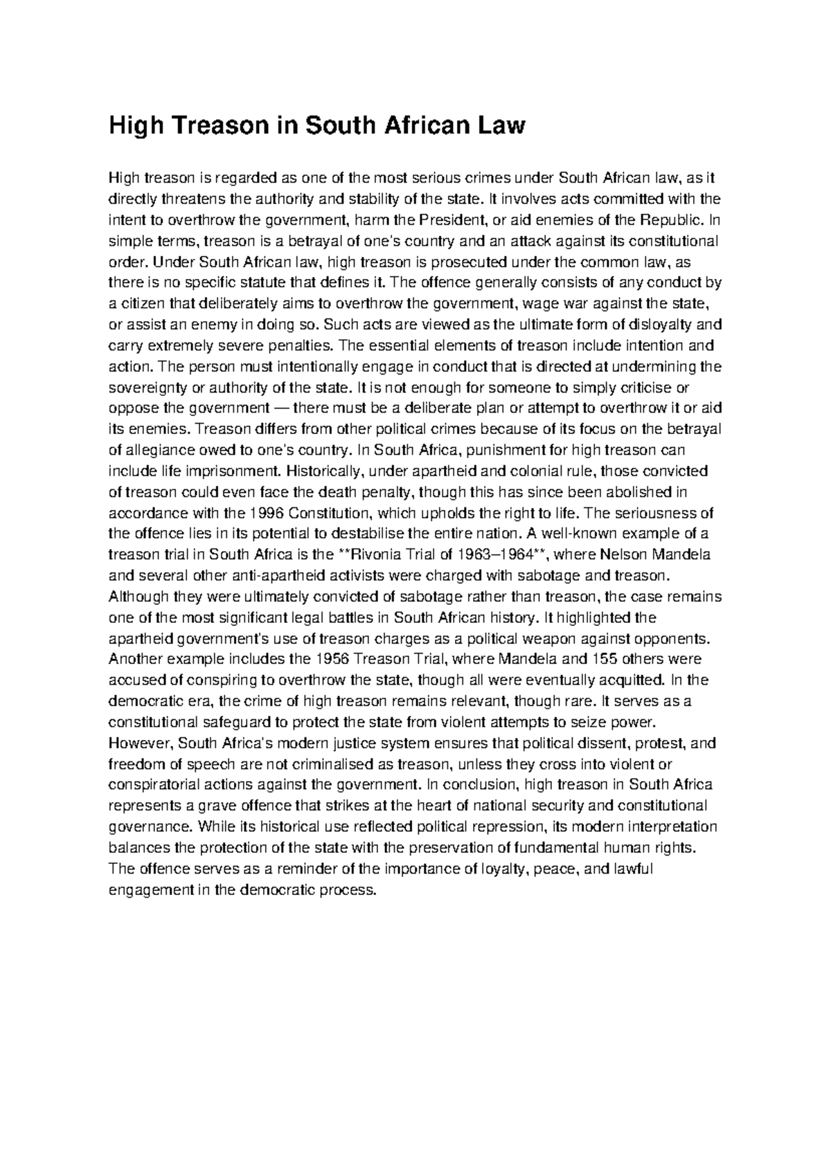 High Treason in South African Law: A Critical Analysis - Studocu