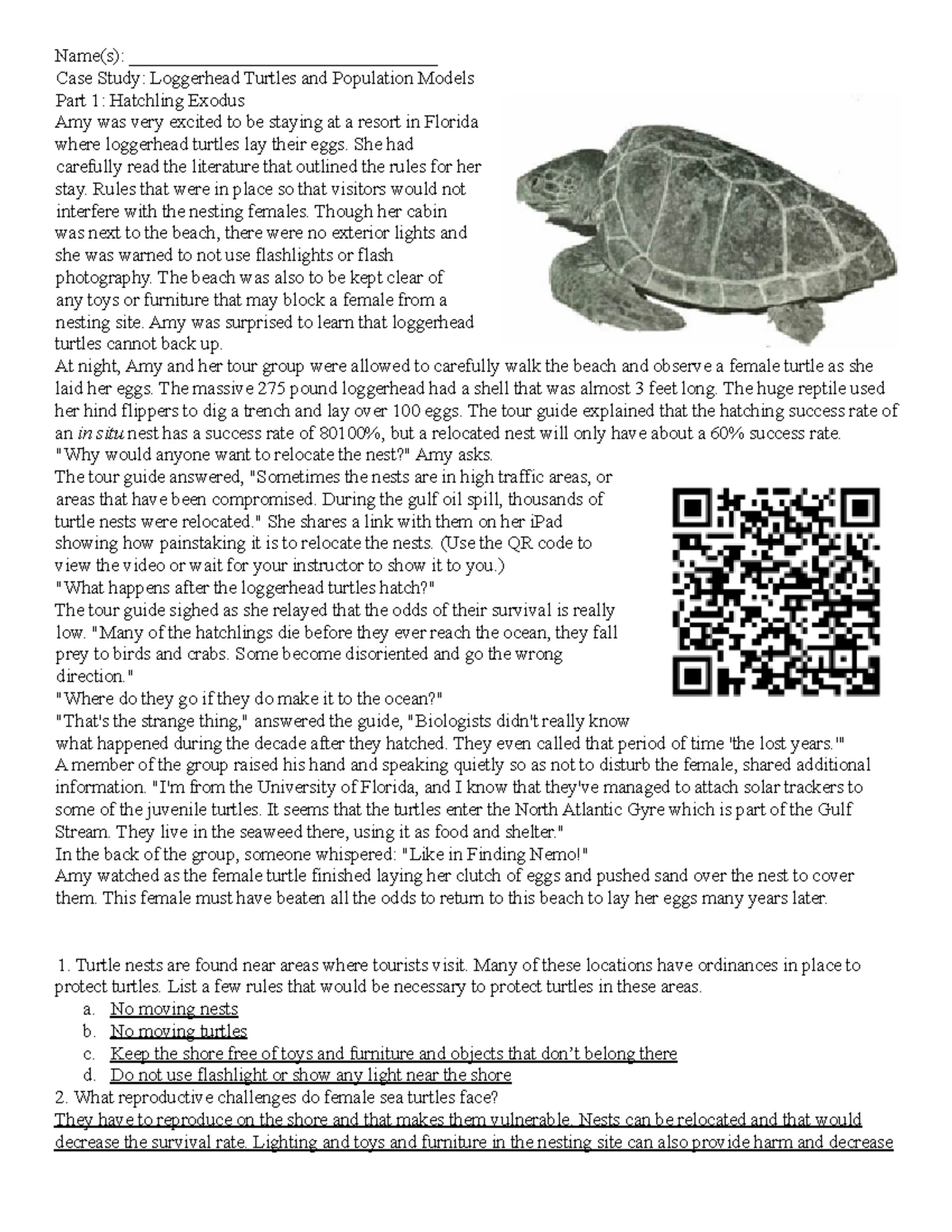 Case Study Turtle Survivorship (1) - Name(s): _________________________________ Case Study ...