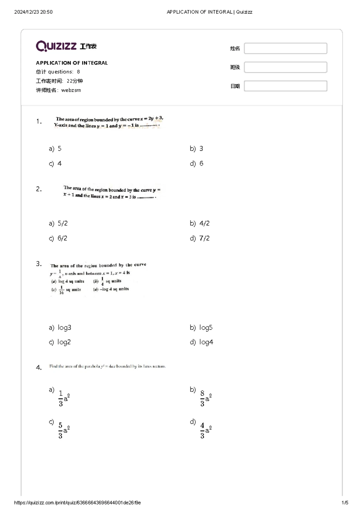 AP Calculus BC - Unit 7 Worksheet: Applications of Integration - Studocu