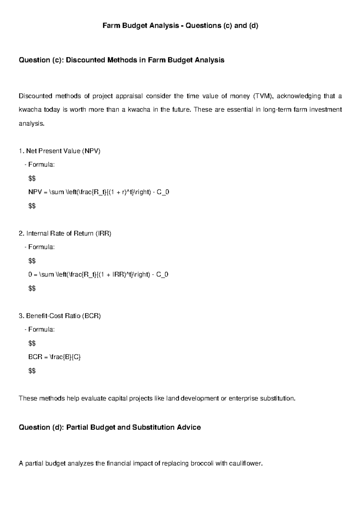 Farm Budget Analysis: Discounted Methods & Partial Budget QC QD - Studocu