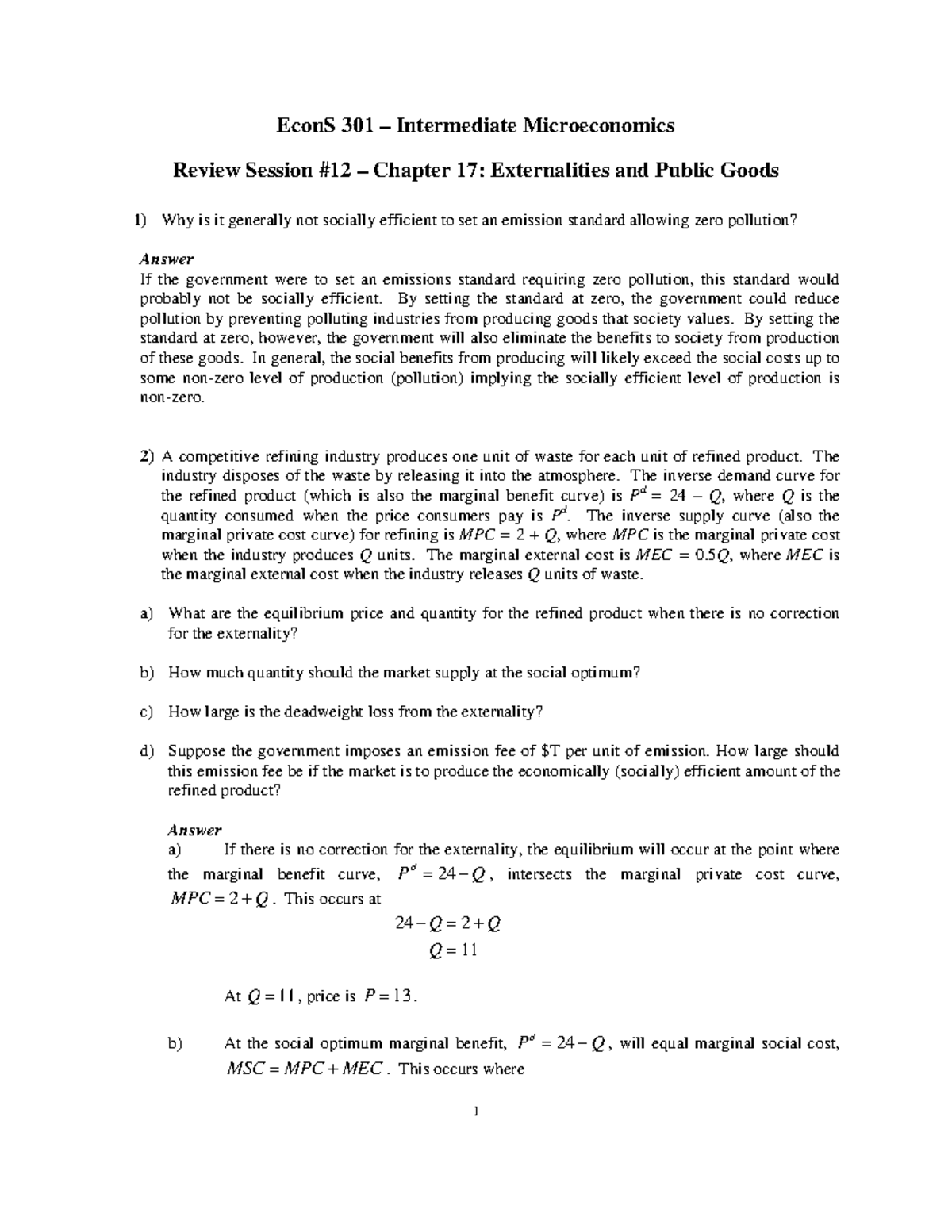 EconS 301 Midterm Review: Externalities & Public Goods Analysis - Studocu