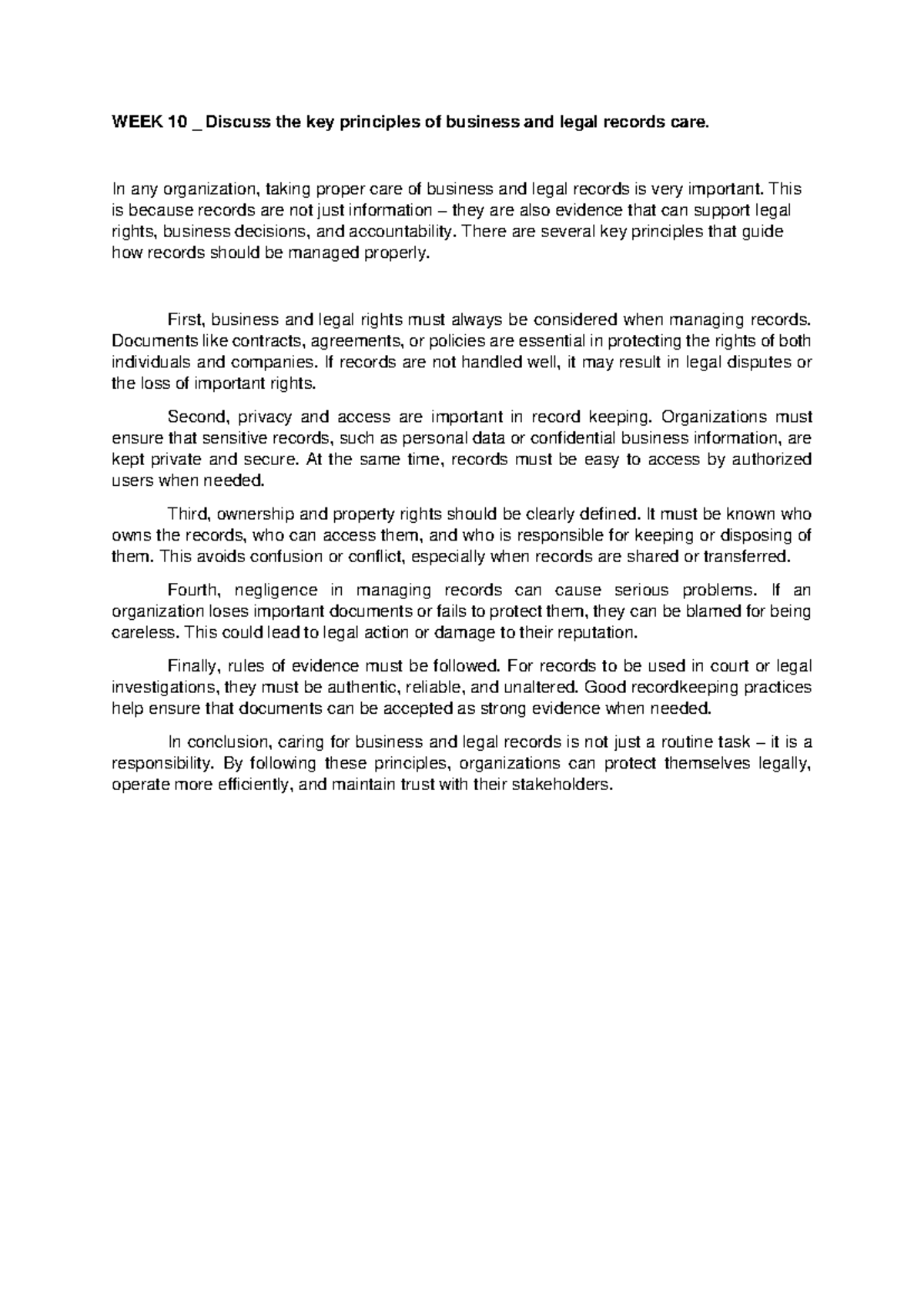 IMR532 Week 10: Key Principles of Business & Legal Records Care - Studocu