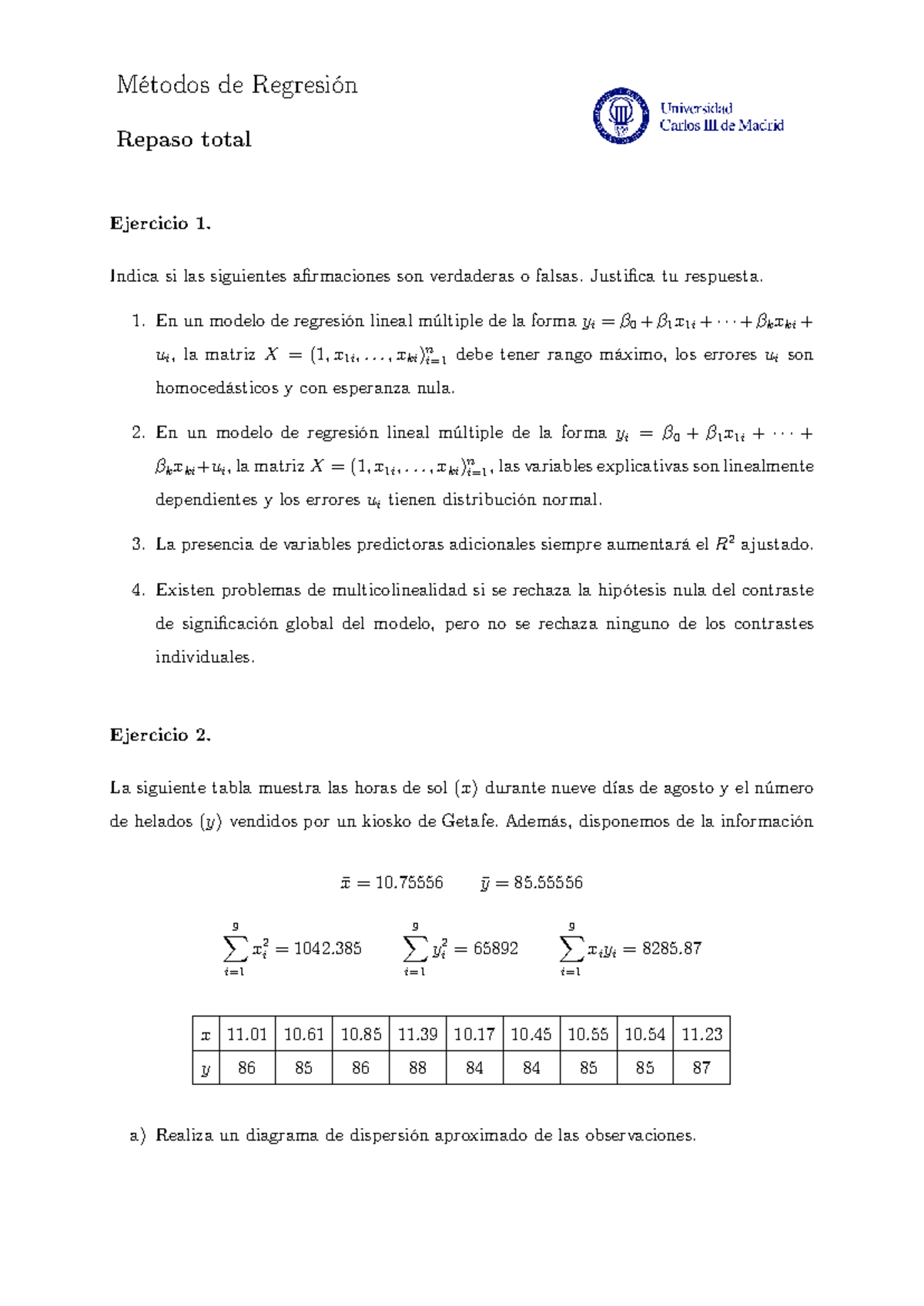 Métodos de Regresión: Repaso Total y Ejercicios (Curso XYZ) - Studocu