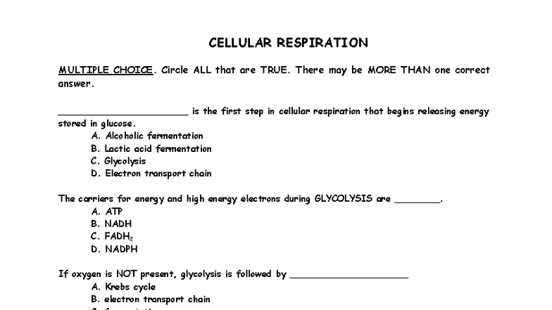 CELLULAR RESPIRATION REVIEW WORKSHEET (MCQ) - Studocu