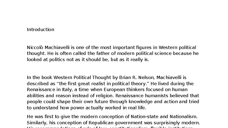 Machiavelli: The Modern Political Thinker in Western Thought - Studocu