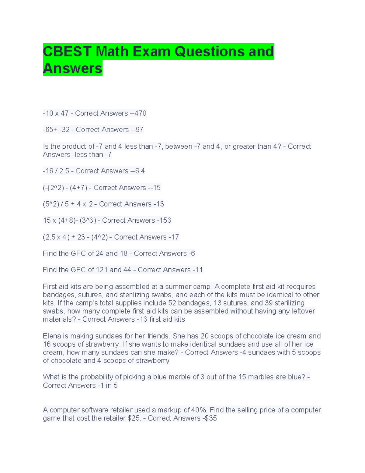 CBEST Math Final Exam Questions & Answers - 47 Solutions - Studocu