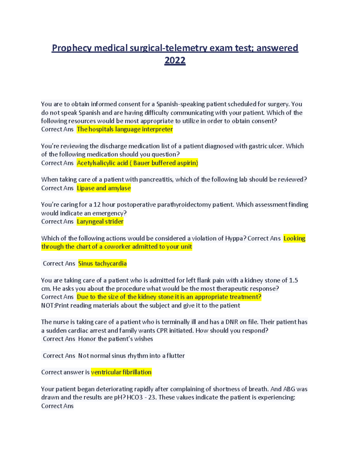 Prophecy Medical Surgical Telemetry Exam Review - 2022 - Studocu