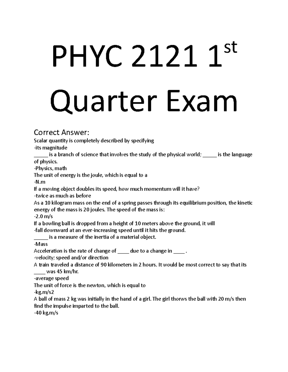 PHYC 2121 1st Semester Quarter Exam Review Notes - Studocu