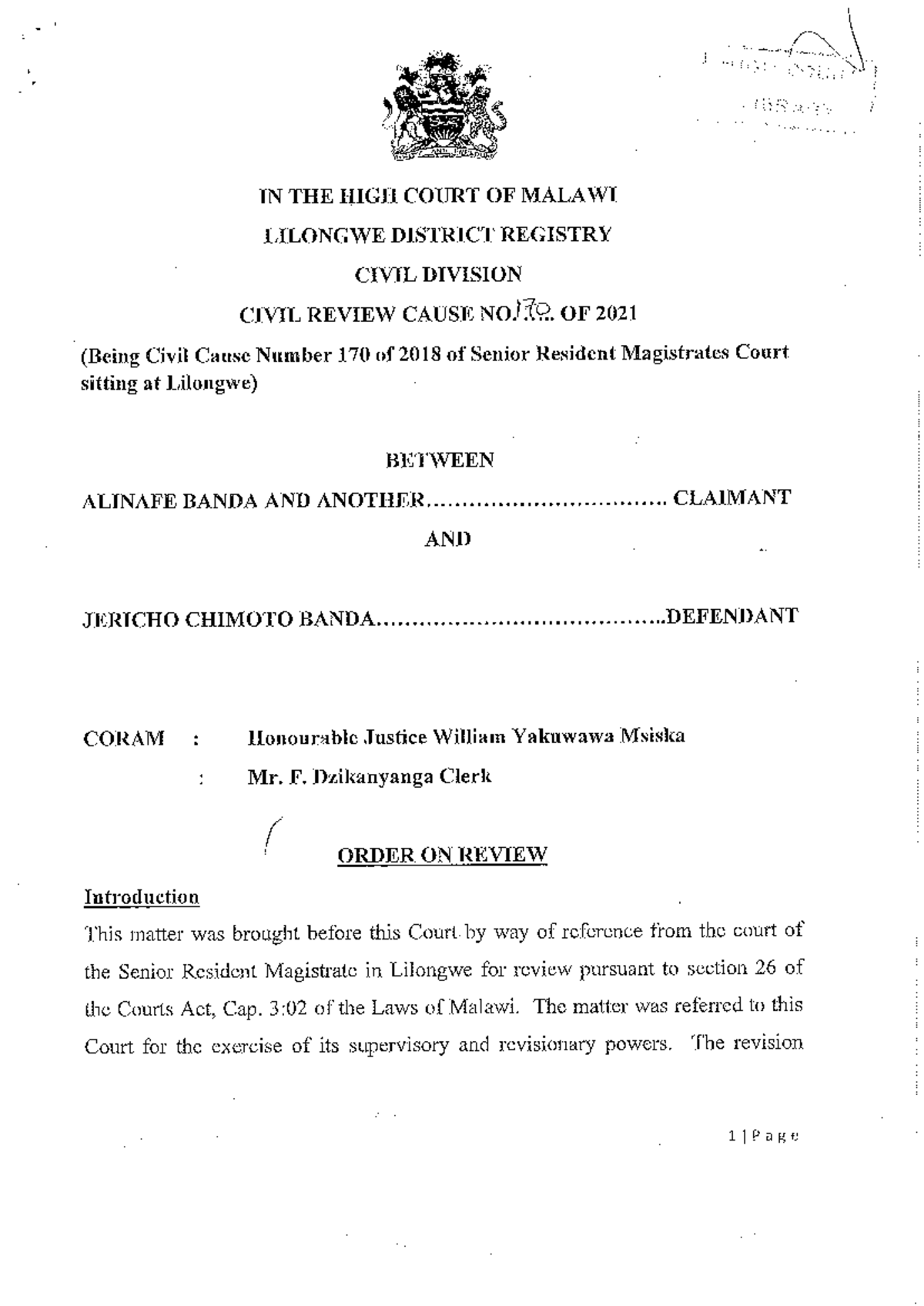 Civil Review Cause No. 170 of 2021: Alinafe Banda vs. Jericho Banda ...