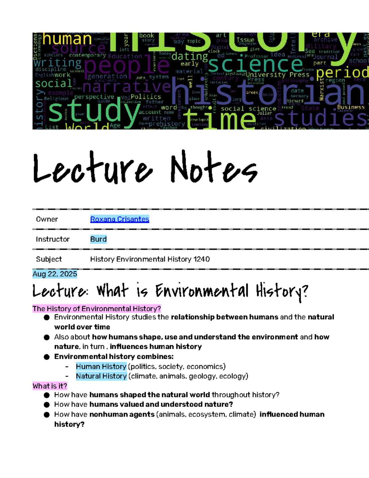 Environmental History and Human-Nature Relationships: Lecture Notes ...