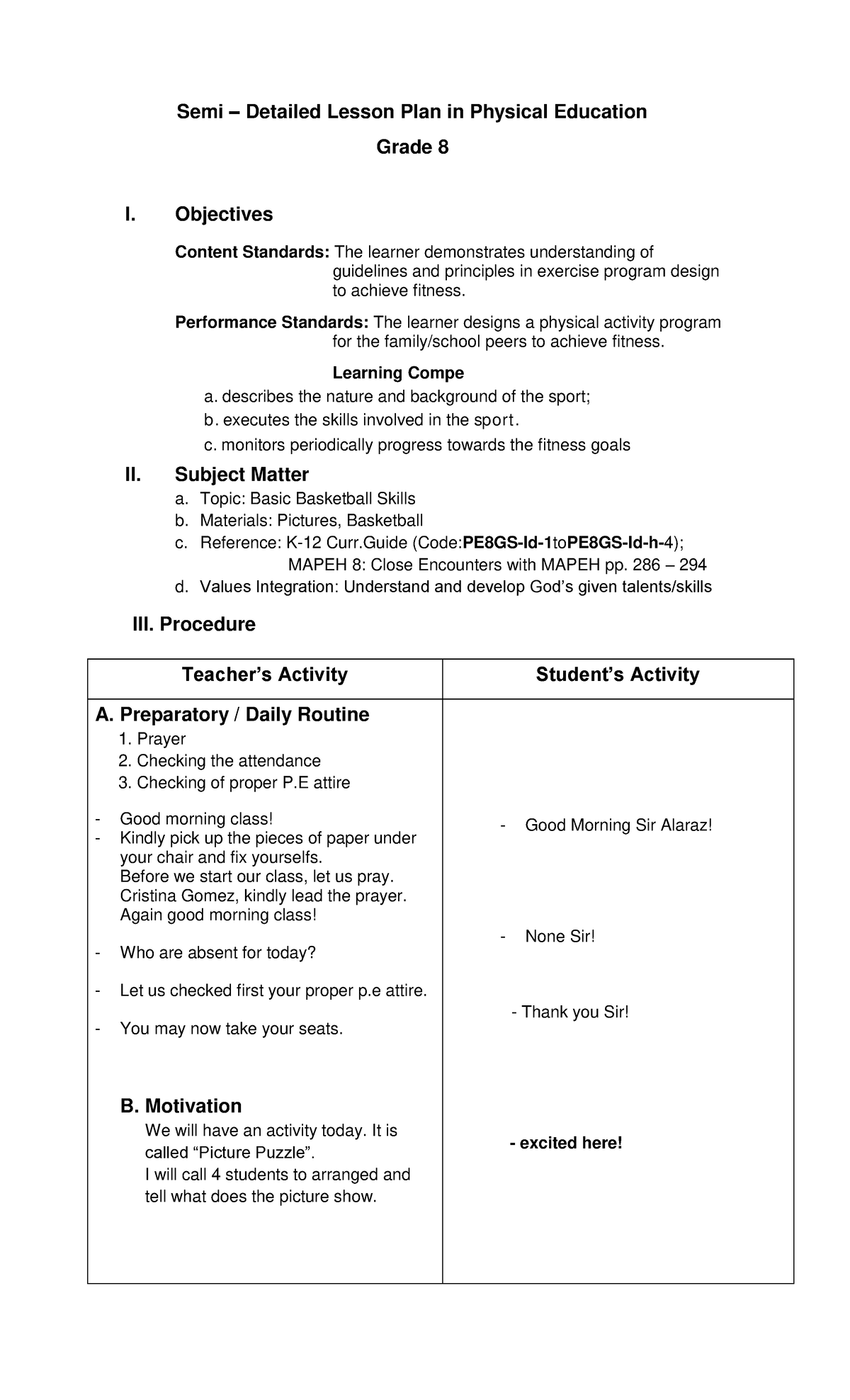 410287757 PE8 Lesson Plan on Basketball Skills for Grade 8 - Studocu