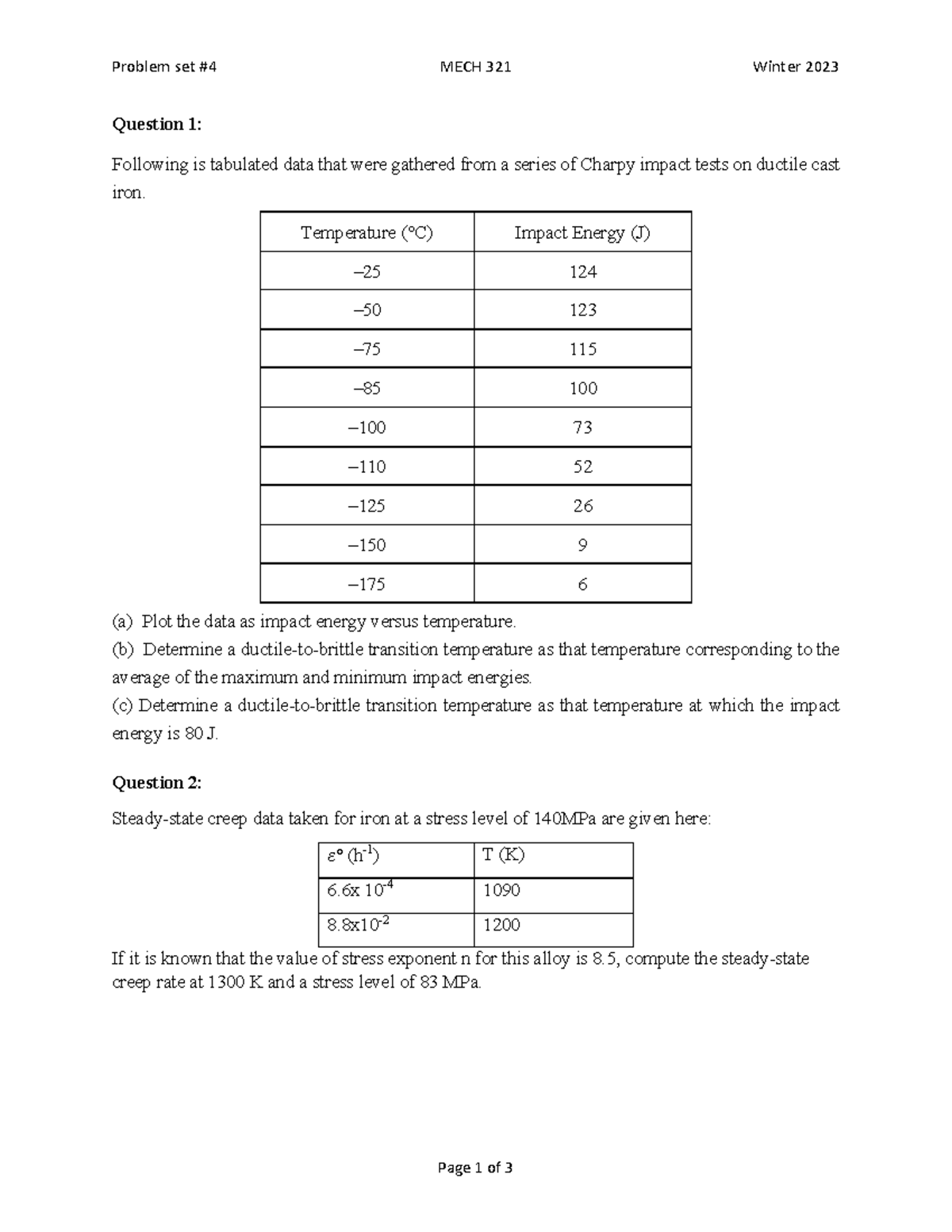 Practice Problem 4 - Problem set #4 MECH 321 Winter 2023 Page 1 of 3 Question 1: Following is ...