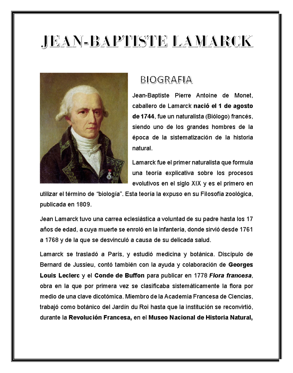 JEAN1 - Filosofía Zoológica de Jean-Baptiste Lamarck y Su Teoría - Studocu