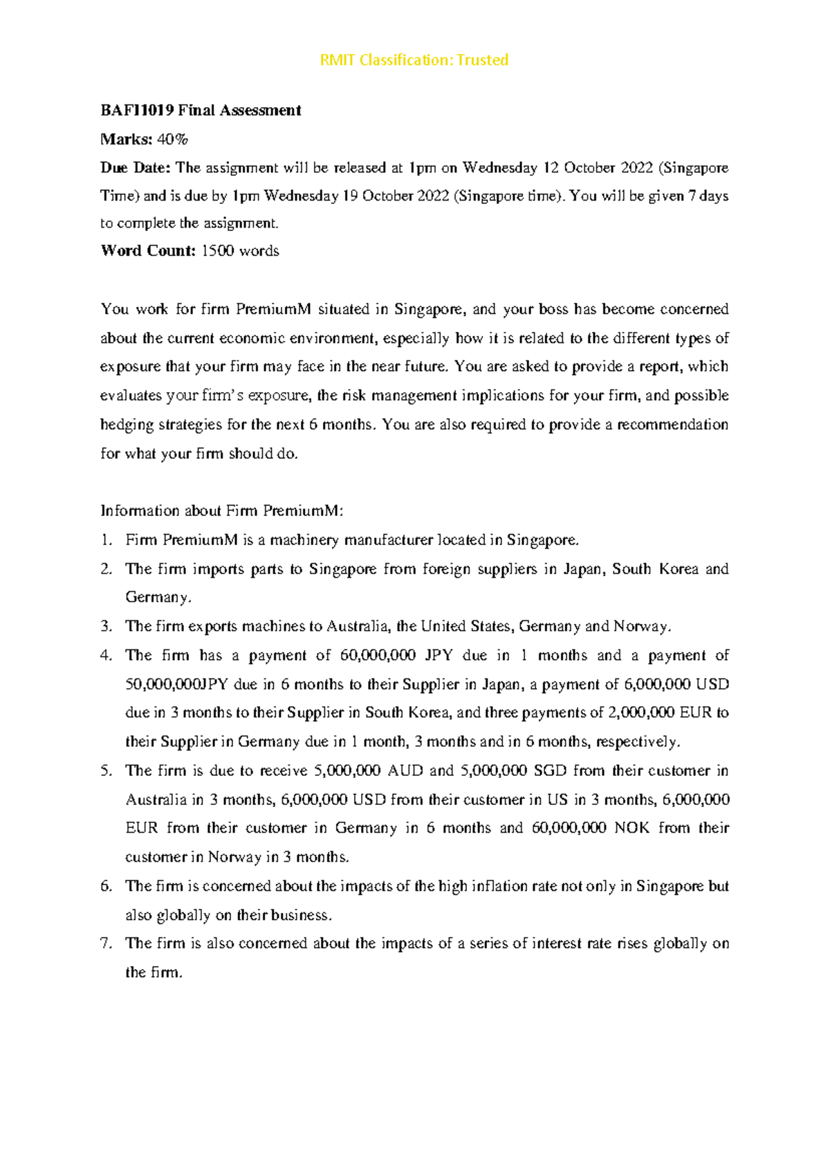 Final assessment BAFI1019 s2 2022 - RMIT Classification: Trusted BAFI1019 Final Assessment Marks ...