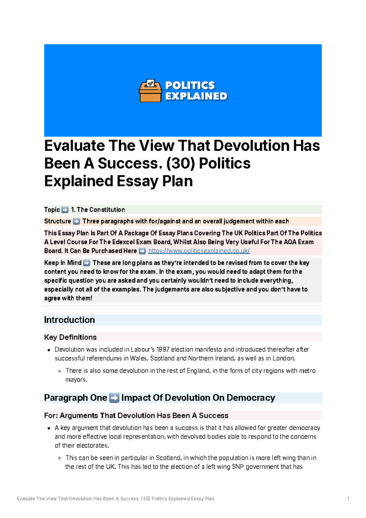 Politics A Level: Evaluating the Success of Devolution (30) Essay Plan - Studocu