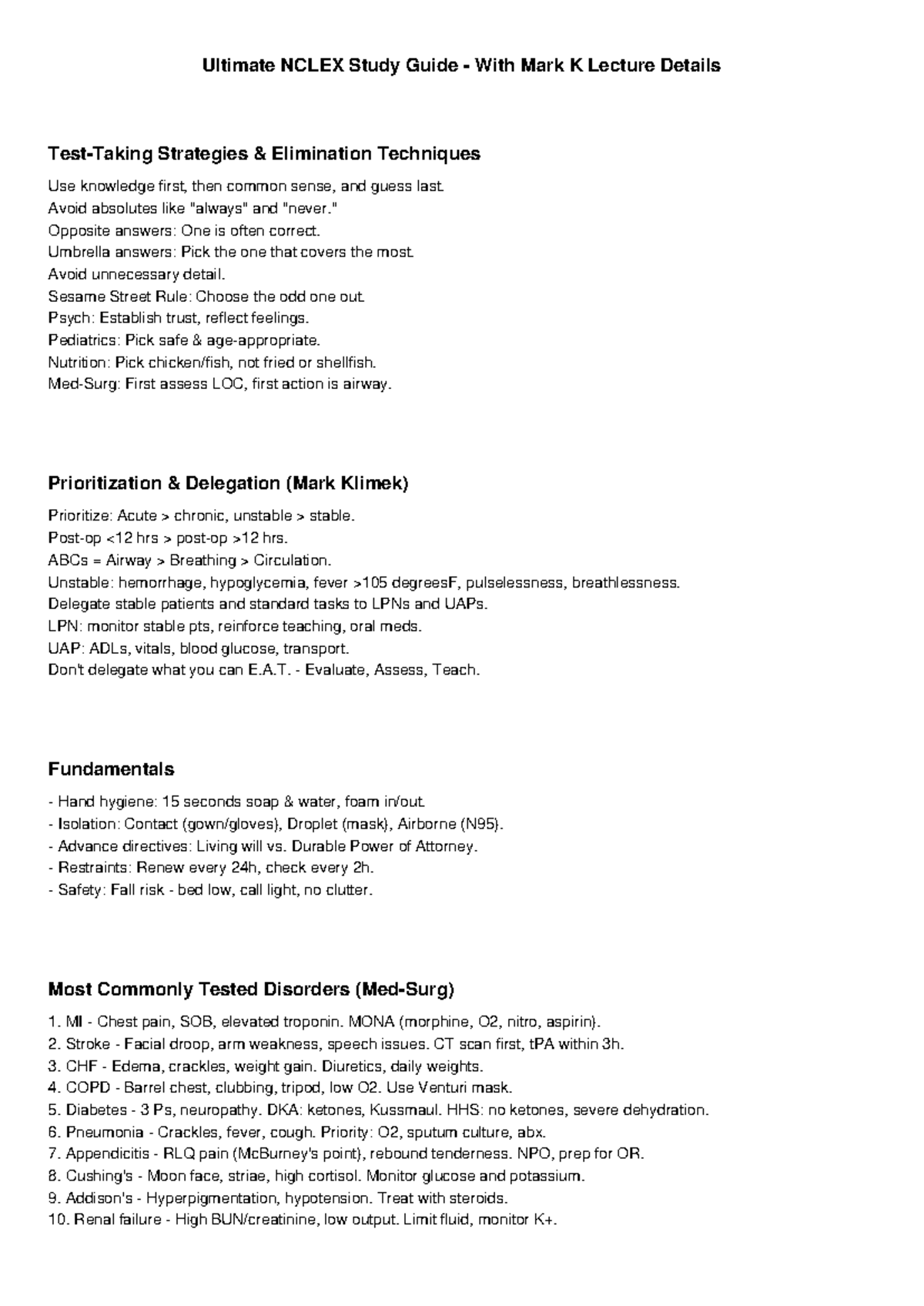 NCLEX Study Guide (Nursing 101): Mark K Lecture Strategies & Tips - Studocu