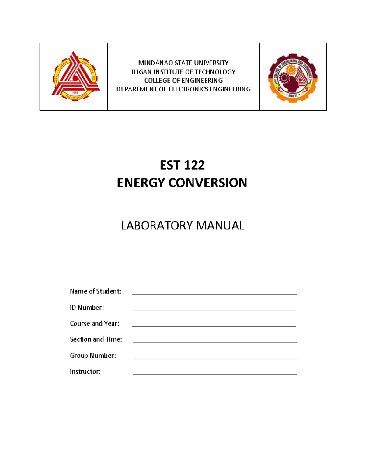 EST 122 Energy Conversion Laboratory Manual: Experiments Overview - Studocu