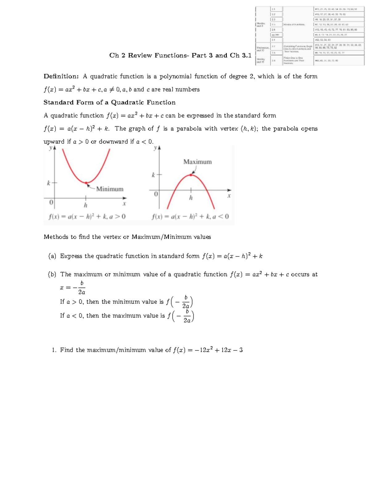 Ch 2 Review Part 3 & Ch 3.1: Quadratic Functions Explained - Studocu