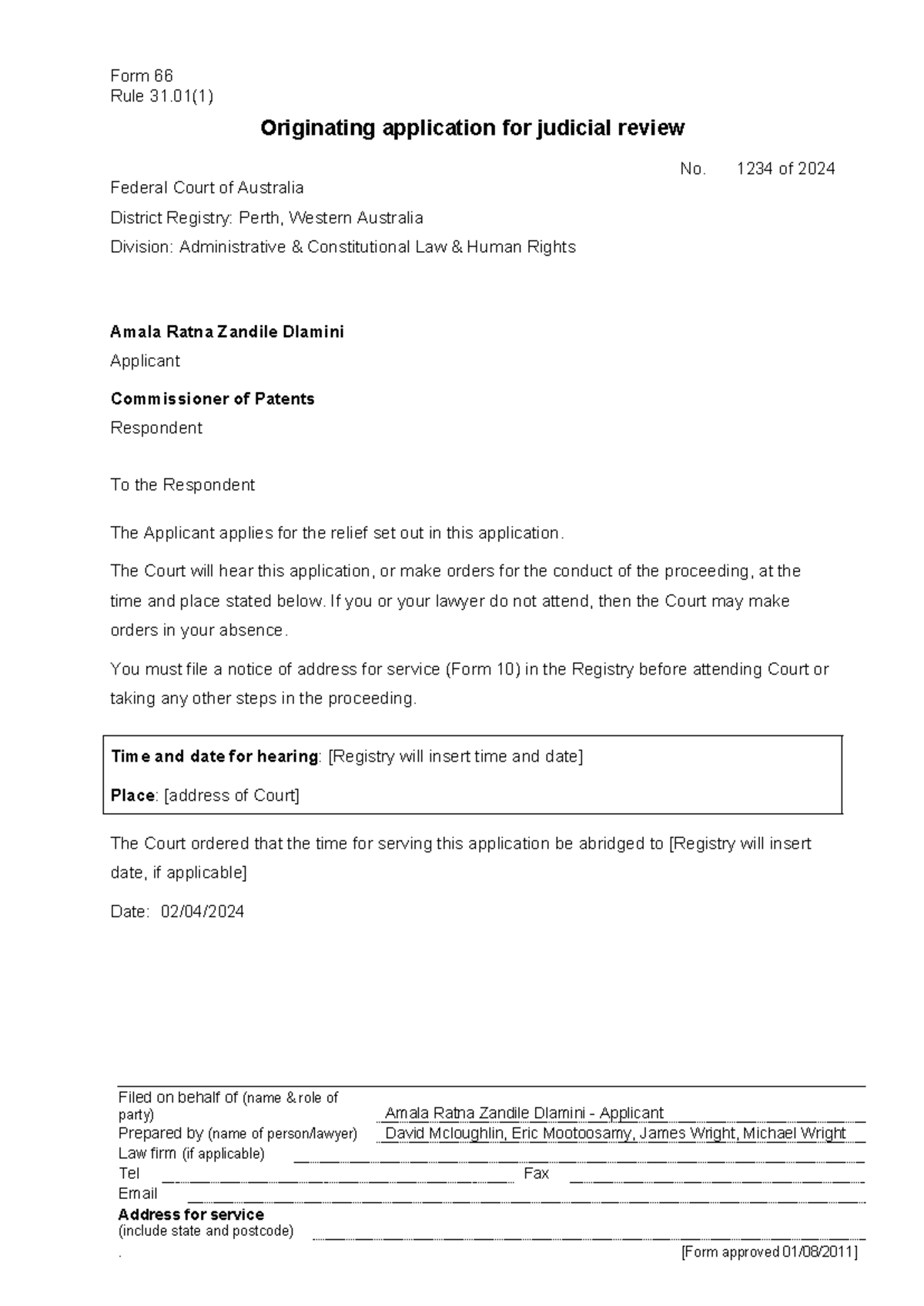 FCA Form 66 - Judicial Review Application - Amala Dlamini vs ...