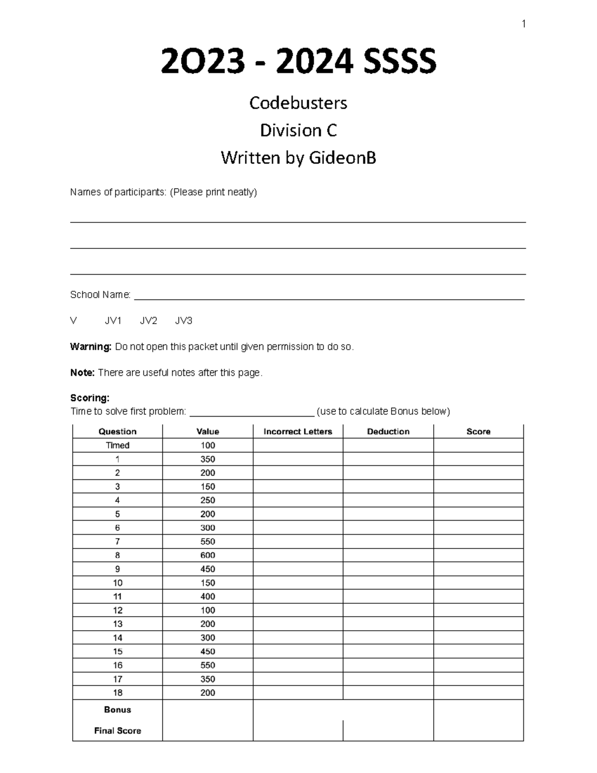 Codebusters 2024 Practice Test - 2O23 - 2024 SSSS Codebusters Division ...