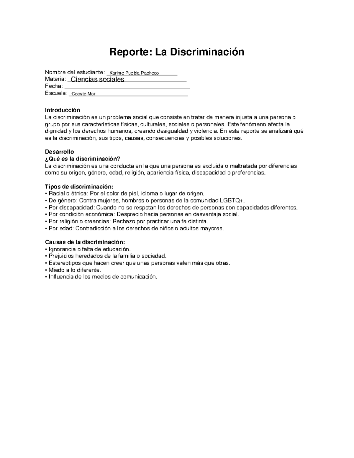 Reporte: La Discriminación en Ciencias Sociales - Karime Puebla P ...