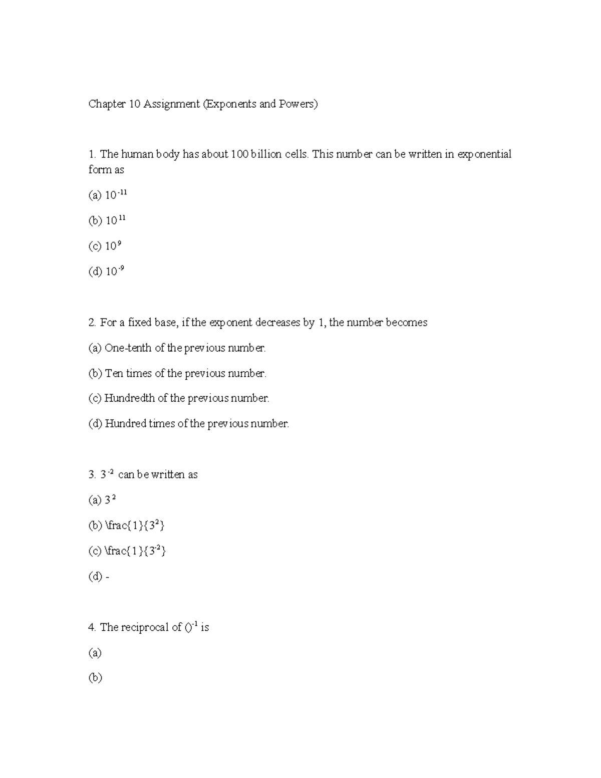 Chapter 10 Assignment (Exponents and Powers) - Studocu