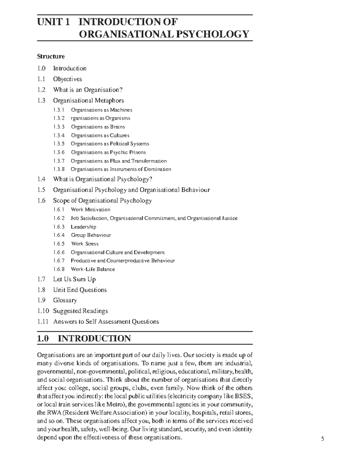 UNIT 1: INTRODUCTION TO ORGANISATIONAL PSYCHOLOGY - KEY CONCEPTS AND ...