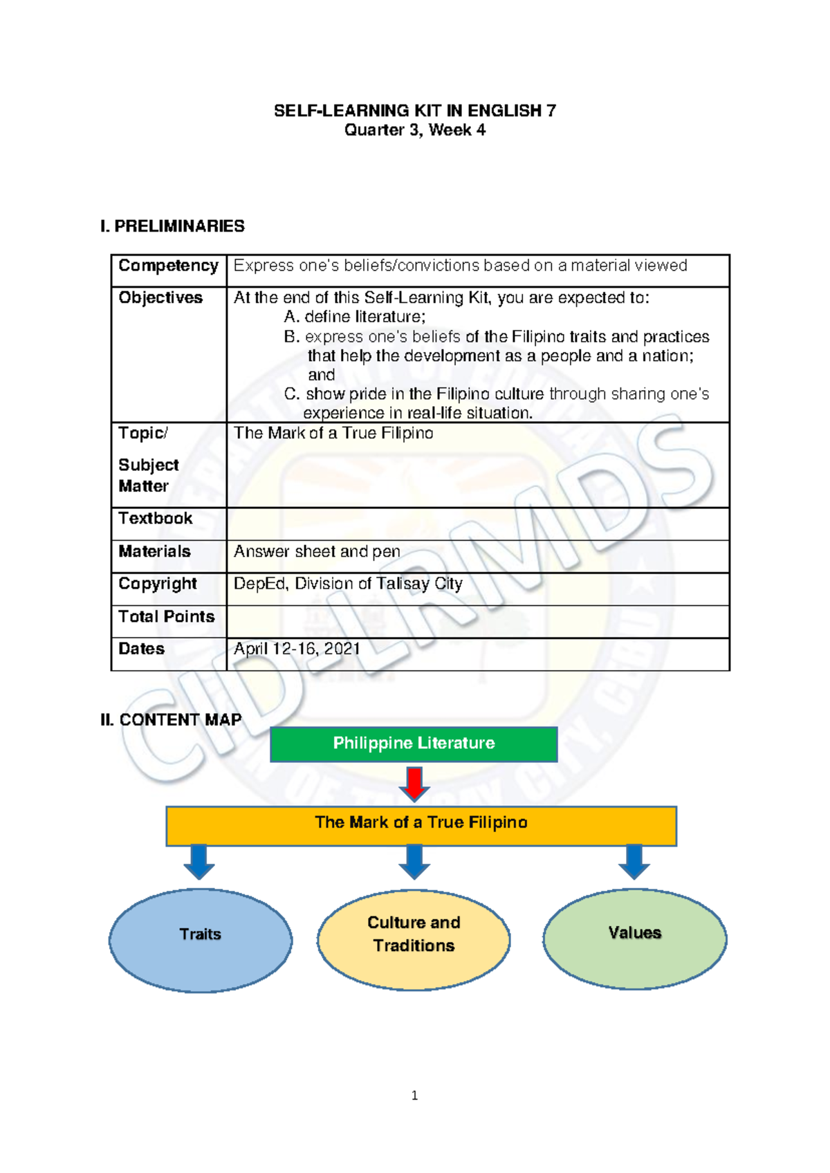 English 7 Q3 W4 Self-Learning Kit: The Mark of a True Filipino - Studocu