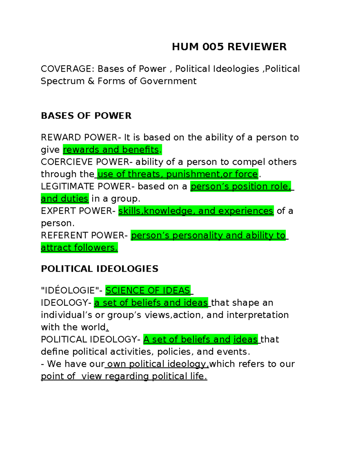 HUM 005 Reviewer: Bases of Power, Political Ideologies & Government Forms - Studocu