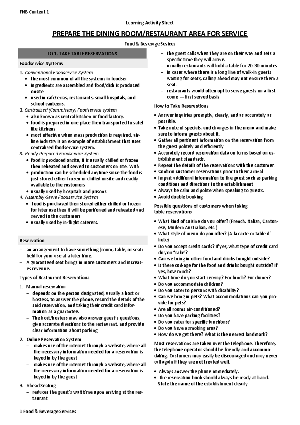 FNB Q1- Lesson 1 and 2 - FOOD AND BEVERAGES - Learning Activity Sheet ...