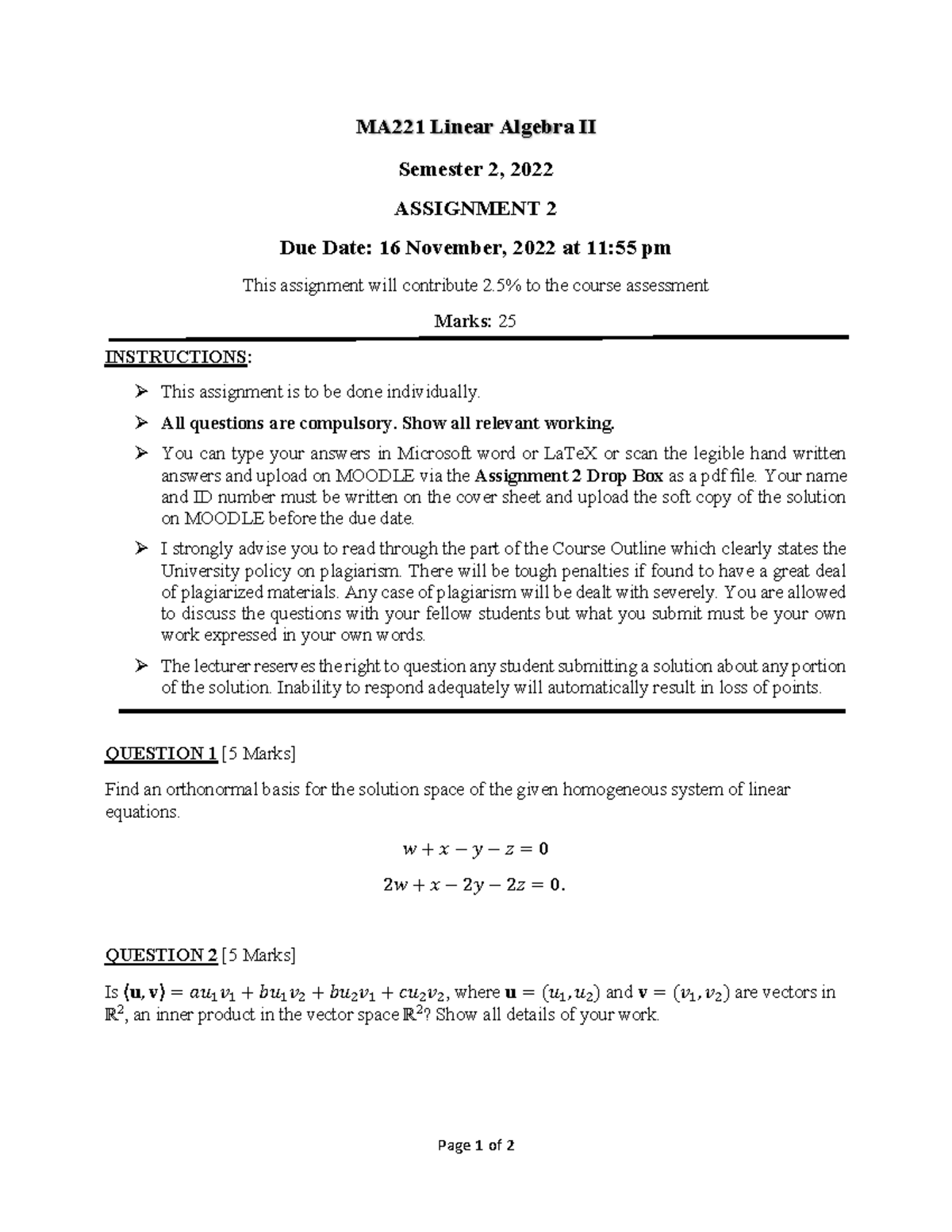 Assignment 2 - solved - Page 1 of 2 MA221 Linear Algebra II Semester 2, 2022 ASSIGNMENT 2 Due ...