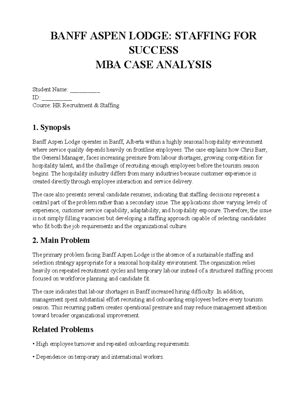 MBA HR Recruitment Case Study: Staffing Strategies for Banff Aspen ...