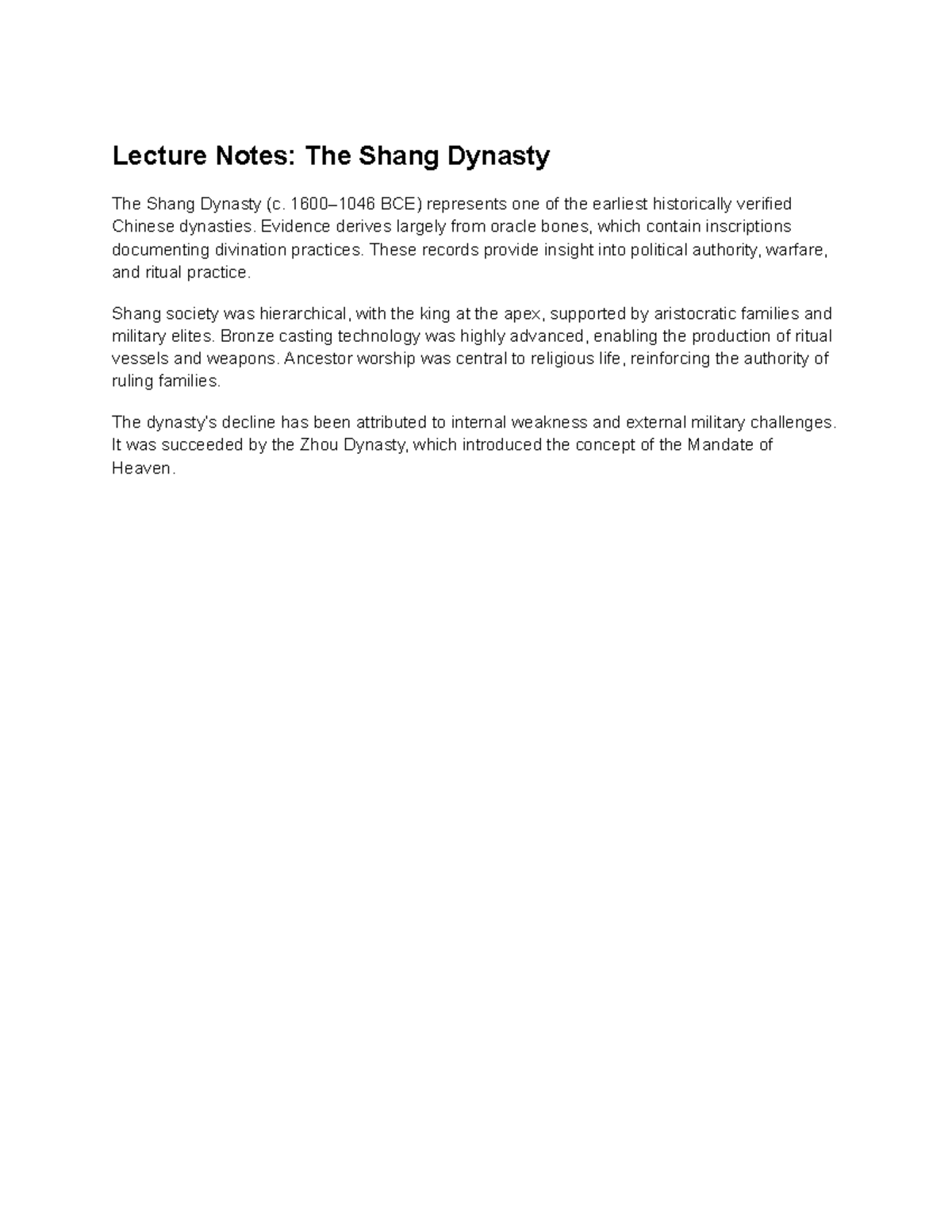 Lecture Notes: The Shang Dynasty (c. 1600-1046 BCE) Insights - Studocu