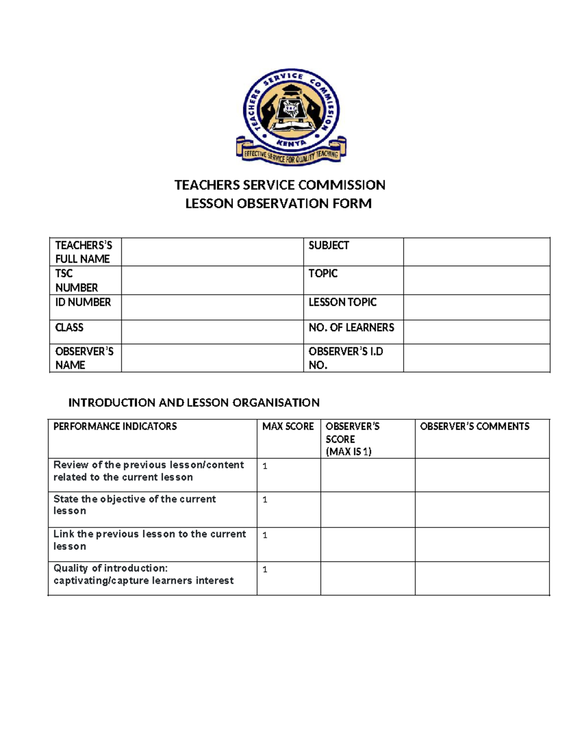 TSC 2 Lesson Observation Form: Teacher Evaluation Template - Studocu